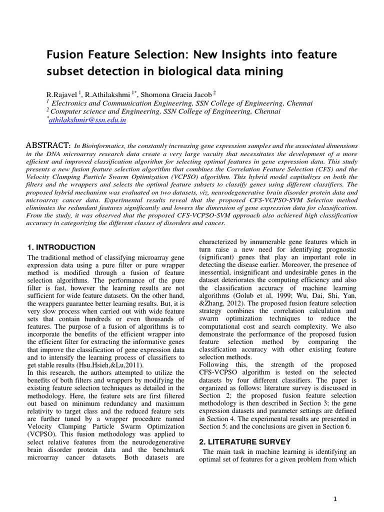 Fusion Feature Selection: New Insights Into Feature Subset Detection in Biological Data Mining ...