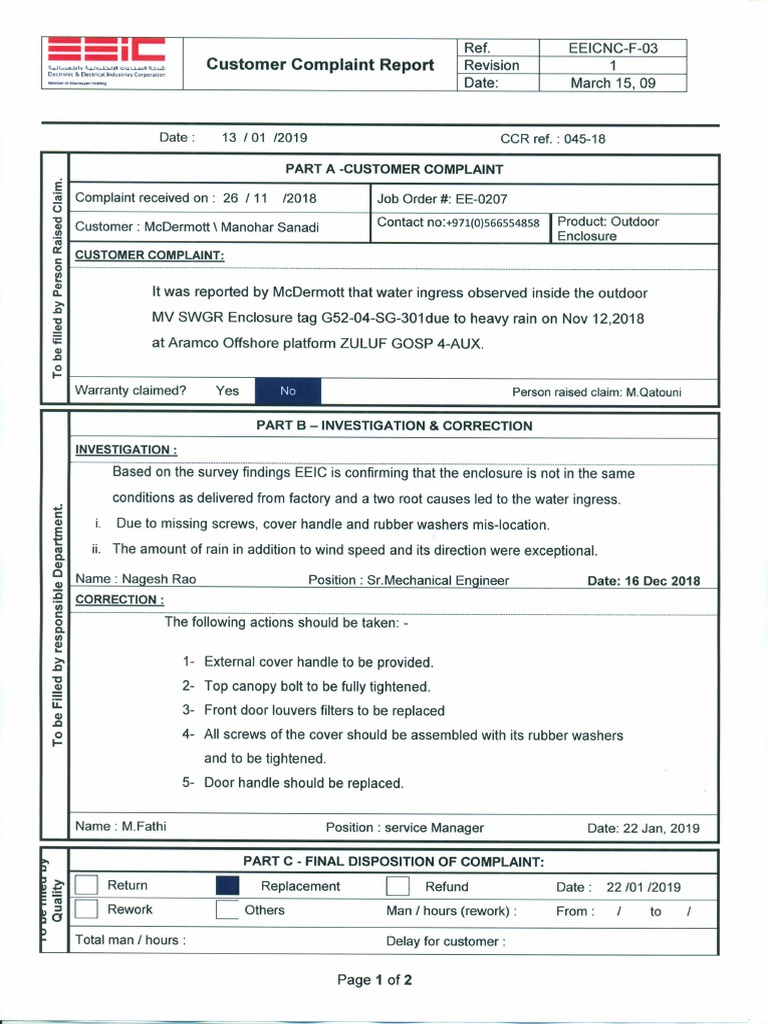 03 Customer Complaint report-EE-207 PDF | PDF