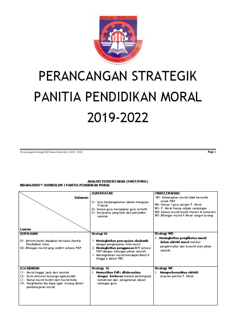 Perancangan Strategik PEND MORAL 2019-2022 SKTU2 | PDF