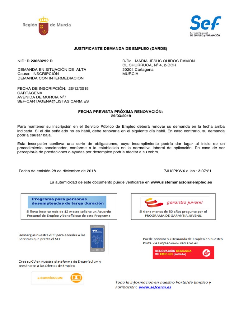 Justificante Demanda de Empleo (Darde) | PDF