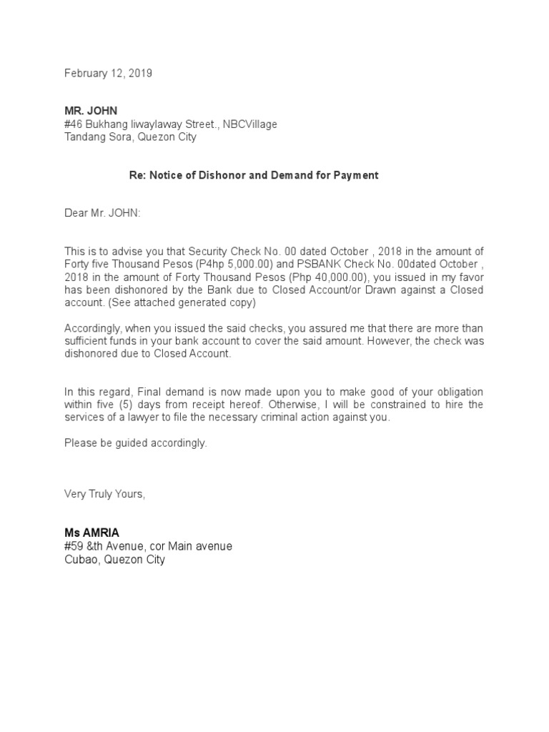 Sample Notice of Dishonor | PDF