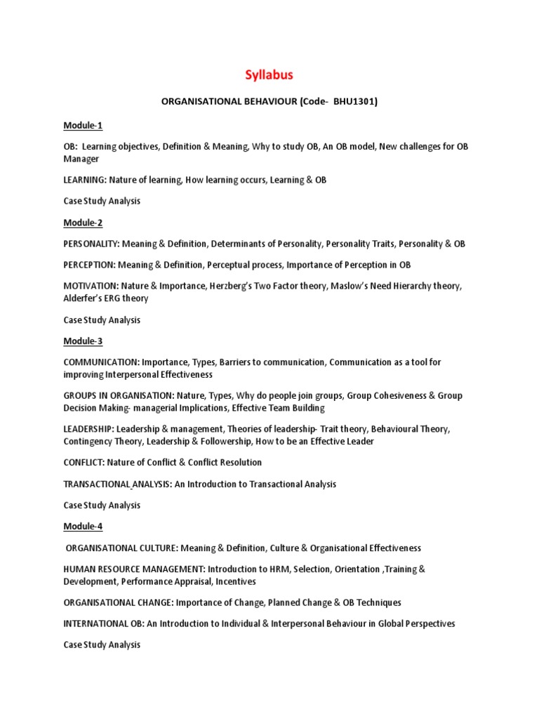 Syllabus: Organisational Behaviour (Code-Bhu1301) | PDF | Classical Conditioning | Reinforcement