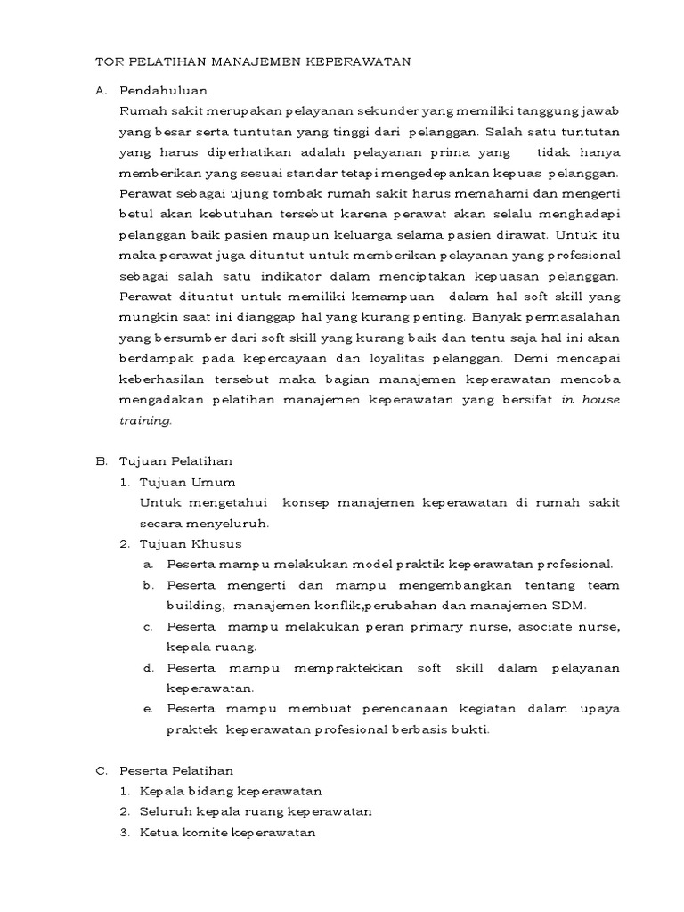 Tor Pelatihan Manajemen Keperawatan | PDF