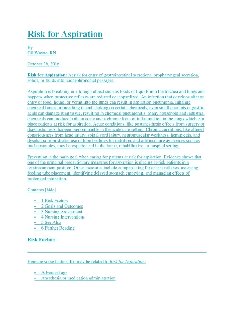 Risk For Aspiration: Risk For Aspiration: at Risk For Entry of ...