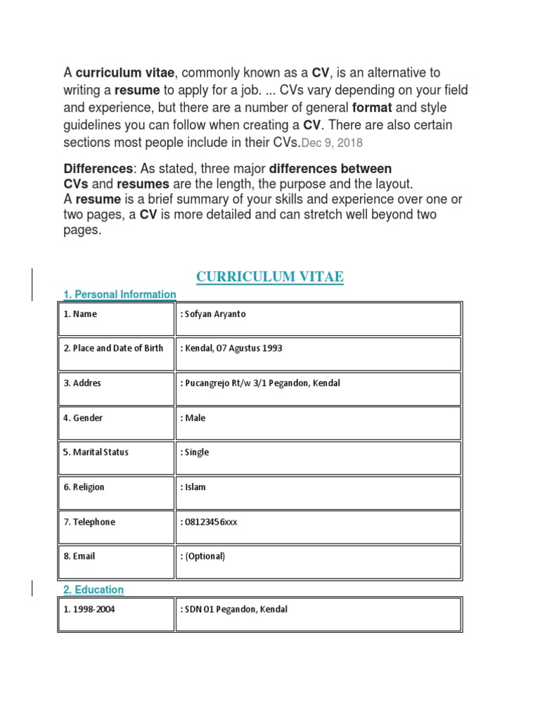 Differences: As Stated, Three Major Differences Between Cvs and Resumes Are The Length, The ...