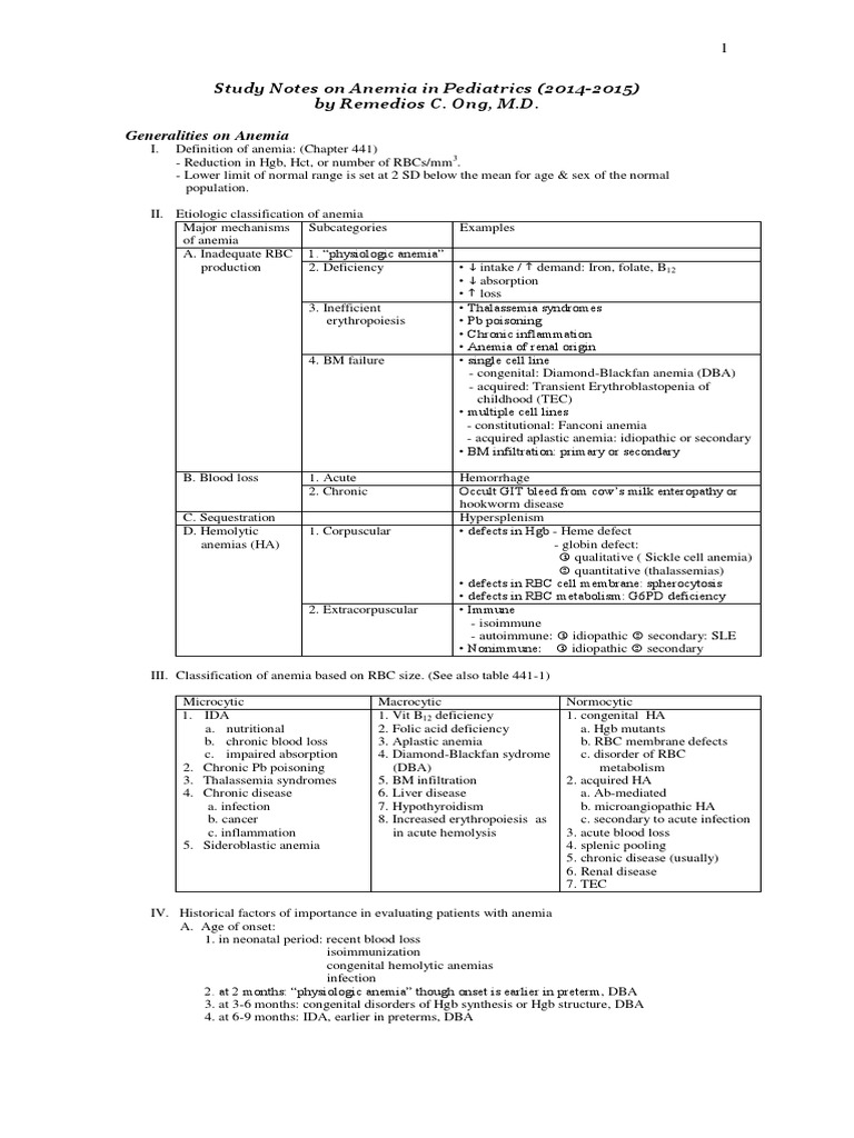 Study Notes On Anemia in Pediatrics (2014-2015) by Remedios C. Ong, M.D ...