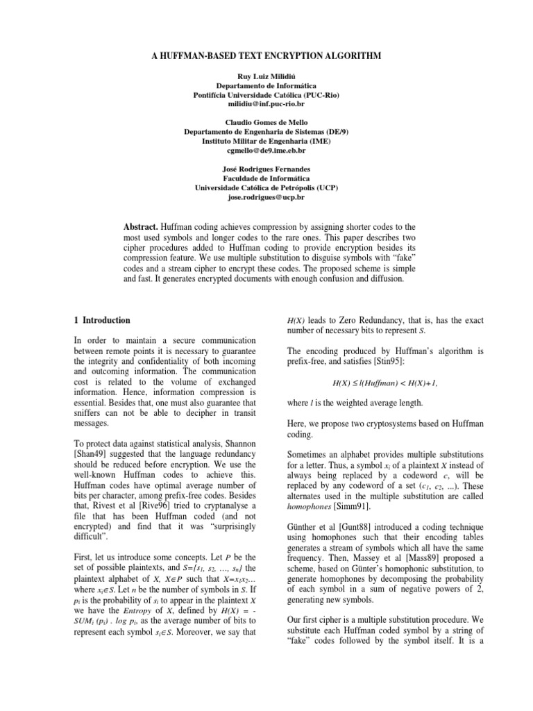 Huffman-Based Text Encryption Algorithm | PDF | Code | Cryptography