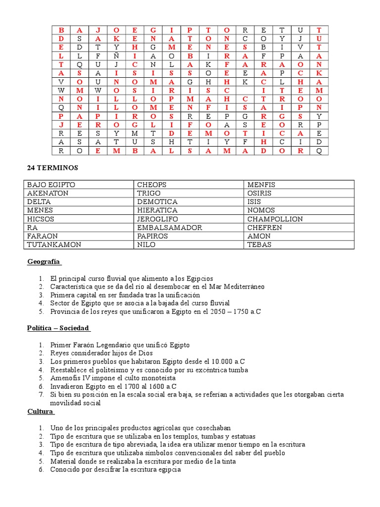 Sopa de Letras - Actividad Egipto | Akhenaton | faraón