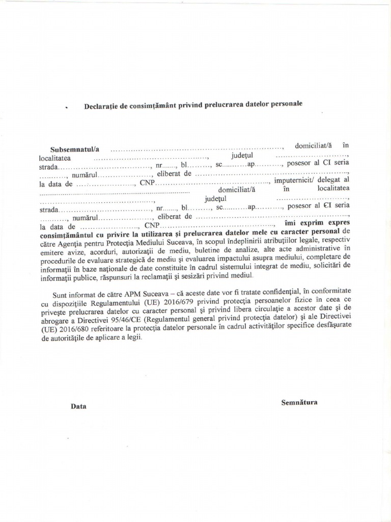 Declaratie de Consimtamant Privind Prelucrarea Datelor Personale | PDF