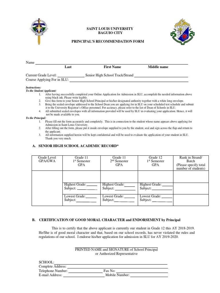 SLU - Saint Louis University Philippines Principals Recommendation Form ...