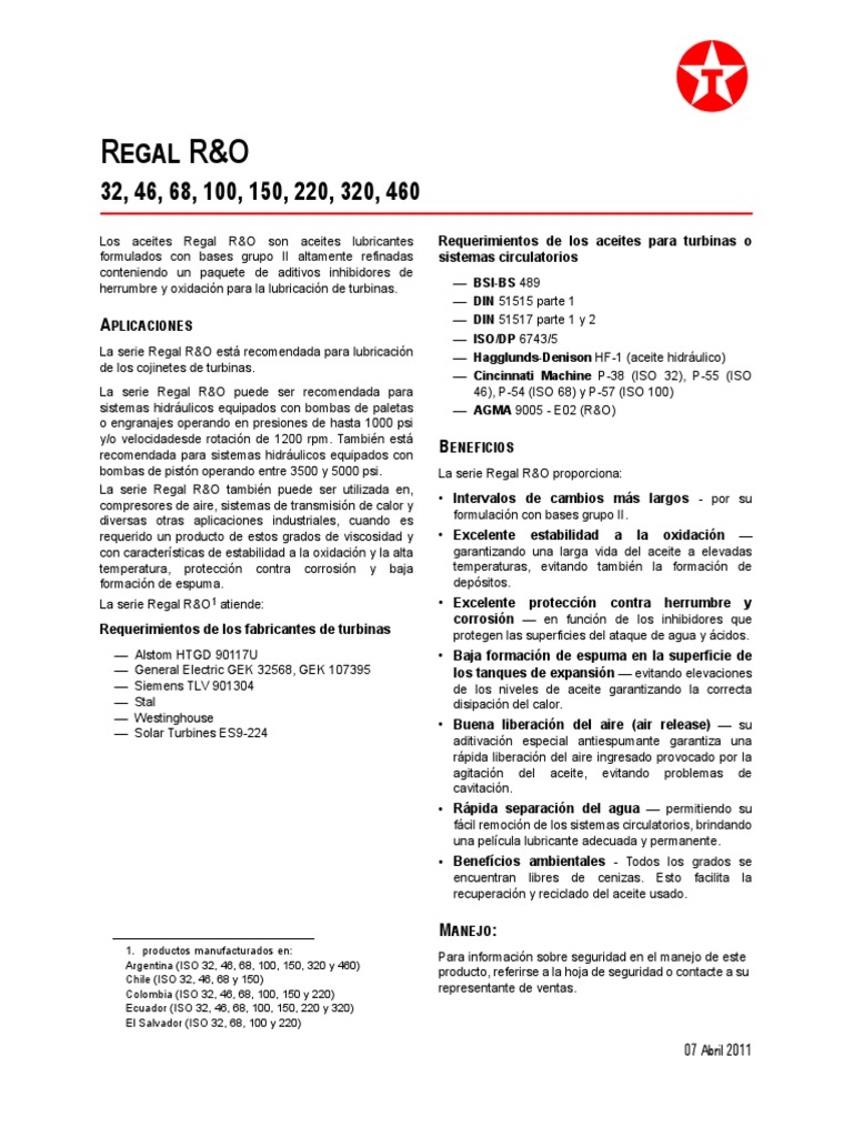 Aceites Regal R&O: Características y Usos | PDF | Lubricante | Petróleo