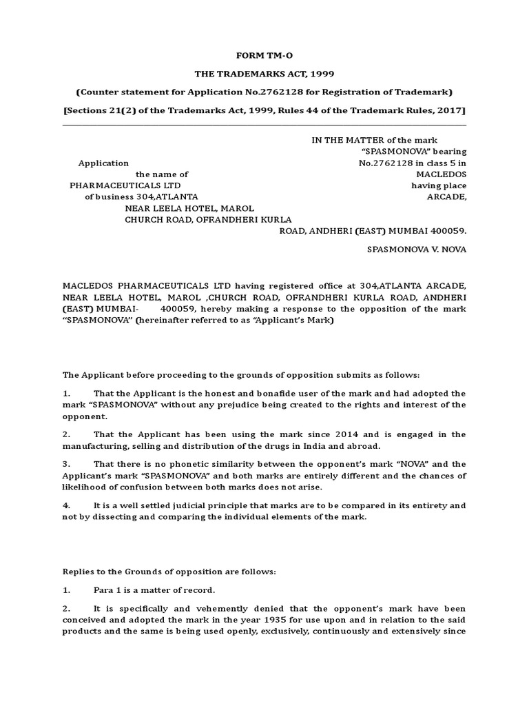 Counter Statement for Trademark Opposition | PDF | Trademark | Analgesic