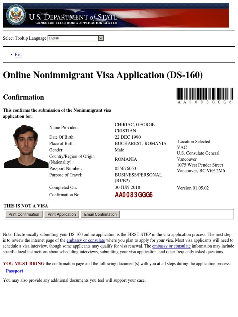 Online Nonimmigrant Visa Application (DS-160) : Confirmation | Download ...