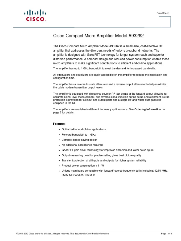Cisco Compact Micro Amplifier Model A93262: Features | PDF | Amplifier ...