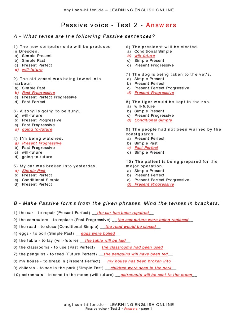 Passive Voice - Test 2 - : Answers | PDF | Perfect (Grammar) | Style ...