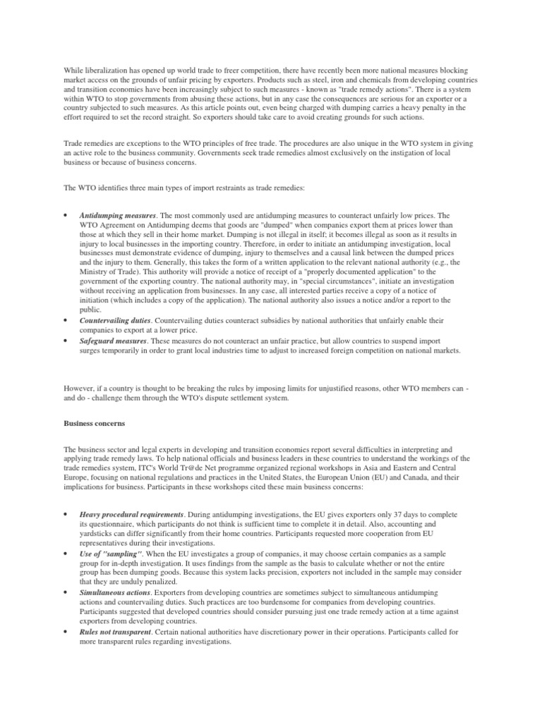 Trade Remedies | PDF | Dumping (Pricing Policy) | World Trade Organization