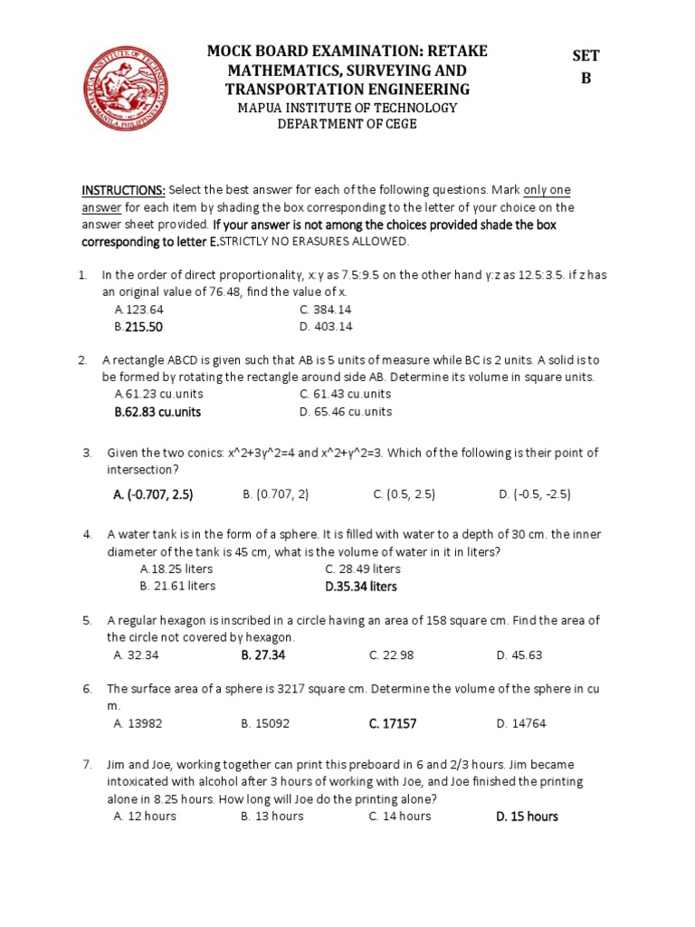 Mock Board Examination: Retake Mathematics, Surveying and ...