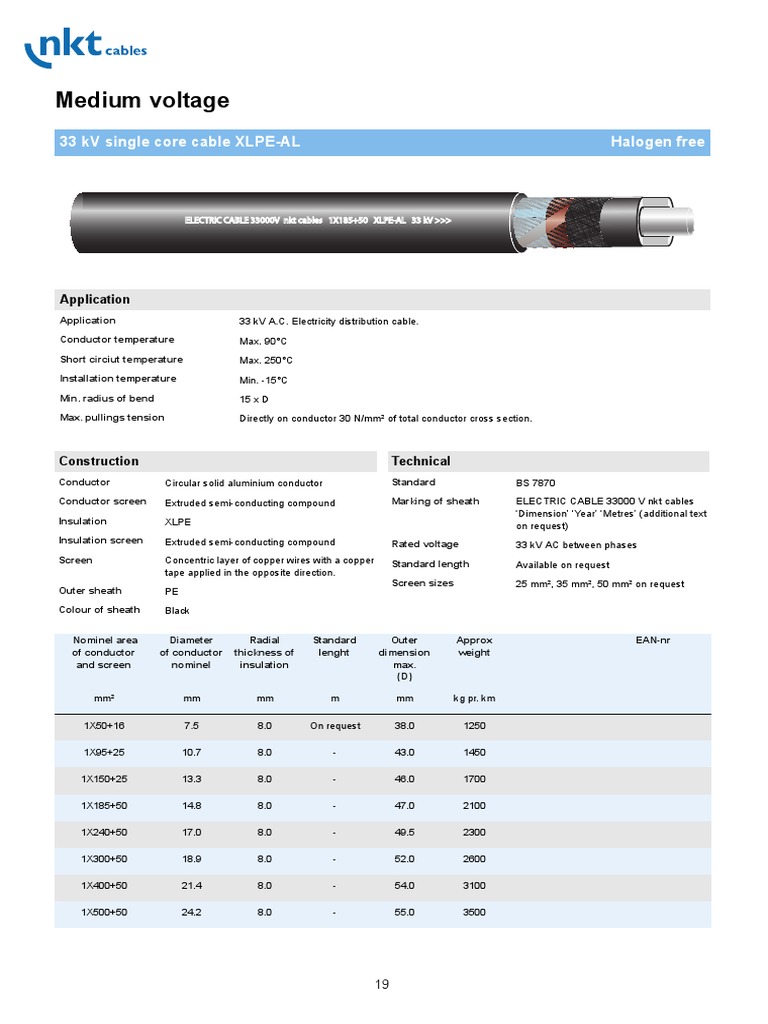 XLPE-AL 33 KV Single Core Cable - Hoja de Datos - NKT Cables | PDF | Electrical Conductor ...