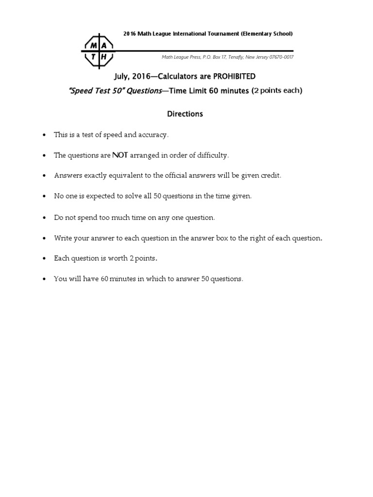 2016 Math League Speed Test Guide | PDF | Area | Triangle