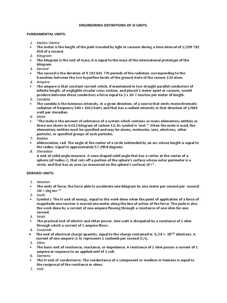 Meter/ Metre: Engineering Definitions of Si Units. Fundamental Units ...