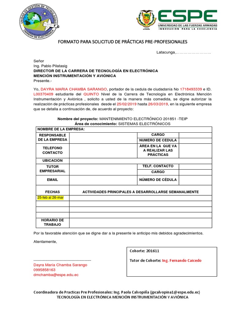 Formato para Solicitud de Prácticas Pre-Profesionales | PDF