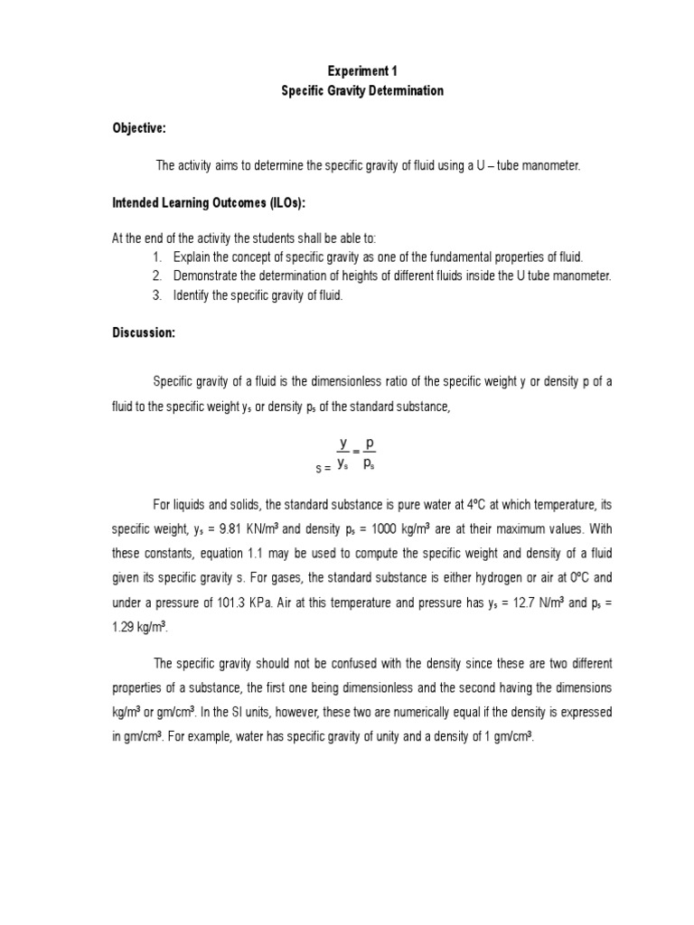 Experiment 1 Specific Gravity Determination Objective | PDF | Pressure ...