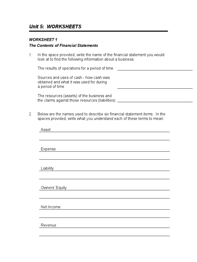 Unit 5: Worksheets: Worksheet 1 The Contents of Financial Statements ...