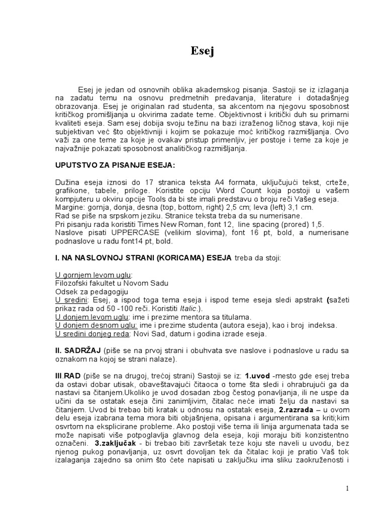 Uputstvo Za Pisanje Eseja | PDF