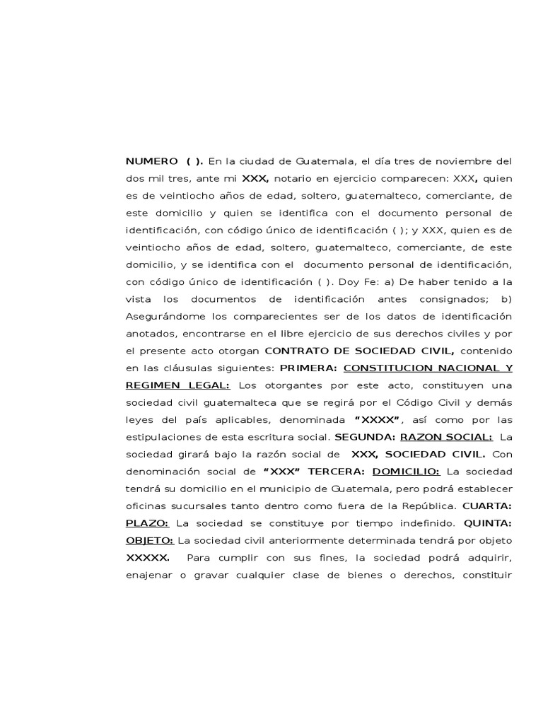 Escritura Constitutiva de Sociedad Civil Guatemala | PDF | Junta ...