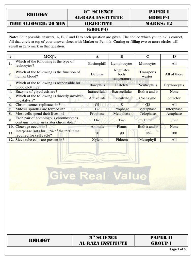 Biology 9 Science Al-Raza Institute Paper I Group-I Time Allowed: 20 Min Objective Marks: 12 ...