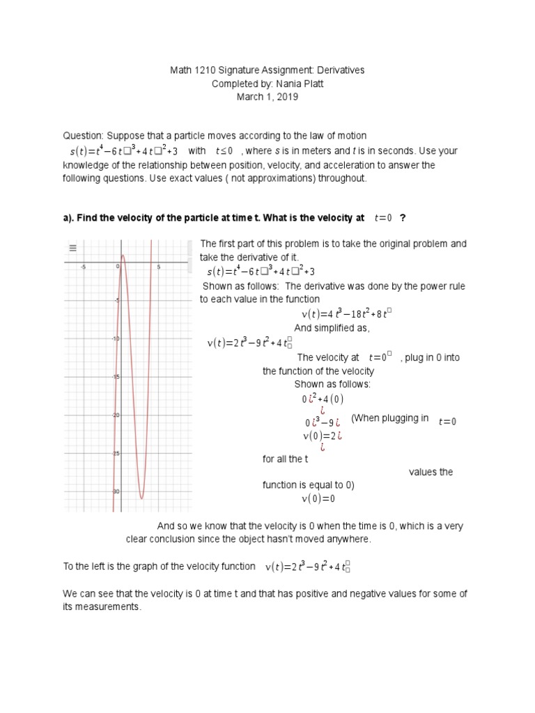 Math 1210 Signature Assignment Derivatives 3 | PDF | Distance | Acceleration