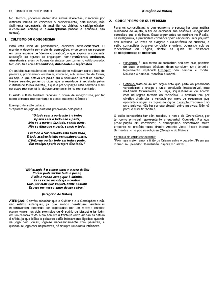 CULTISMO X CONCEPTISMO 1 Ano | PDF | Argumento | Lógica