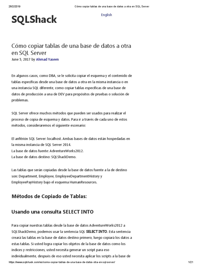 Cómo Copiar Tablas de Una Base de Datos A Otra en SQL Server | PDF ...