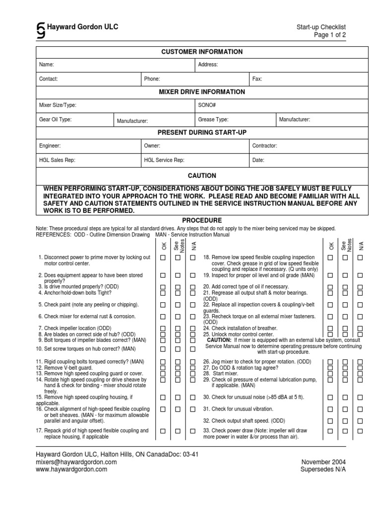 03 41 Start Up Checklist | PDF | Machines | Manufactured Goods
