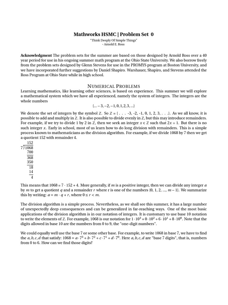 Number Theory Problem Set 0 | PDF | Multiplication | Arithmetic