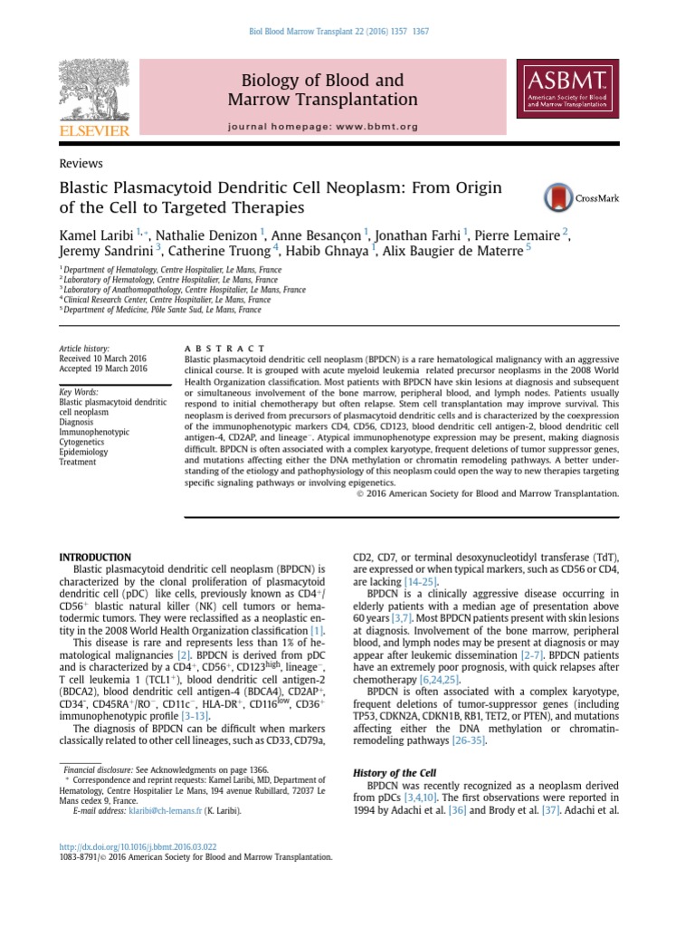 Blastic Plasmacytoid Dendritic Cell Neoplasm. From Origin of The Cell ...