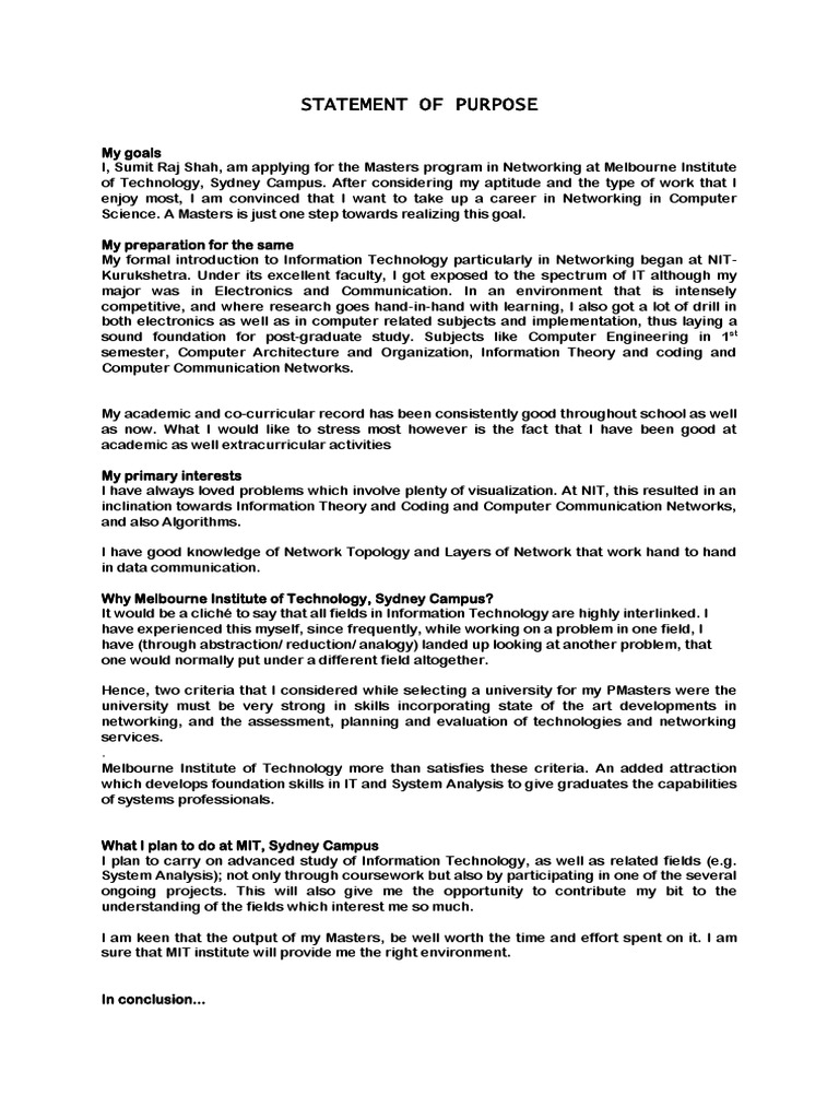 Statement of Purpose | PDF | Massachusetts Institute Of Technology ...