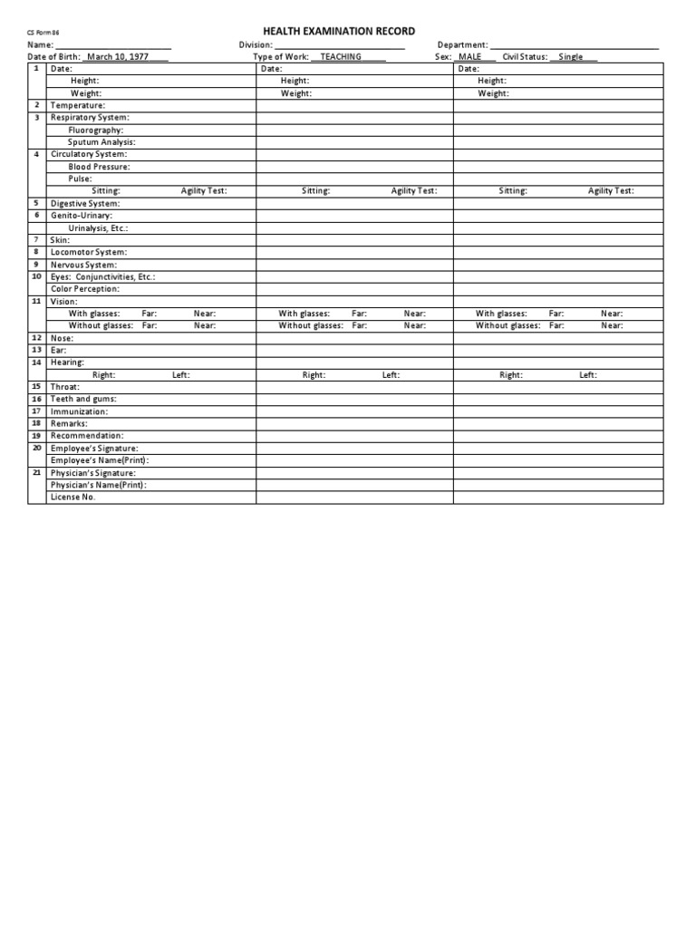 Cs Form 86 Health Examination Record | PDF