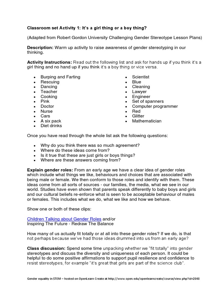 Gender Stereotypes Activities for Students | PDF | Gender Role ...