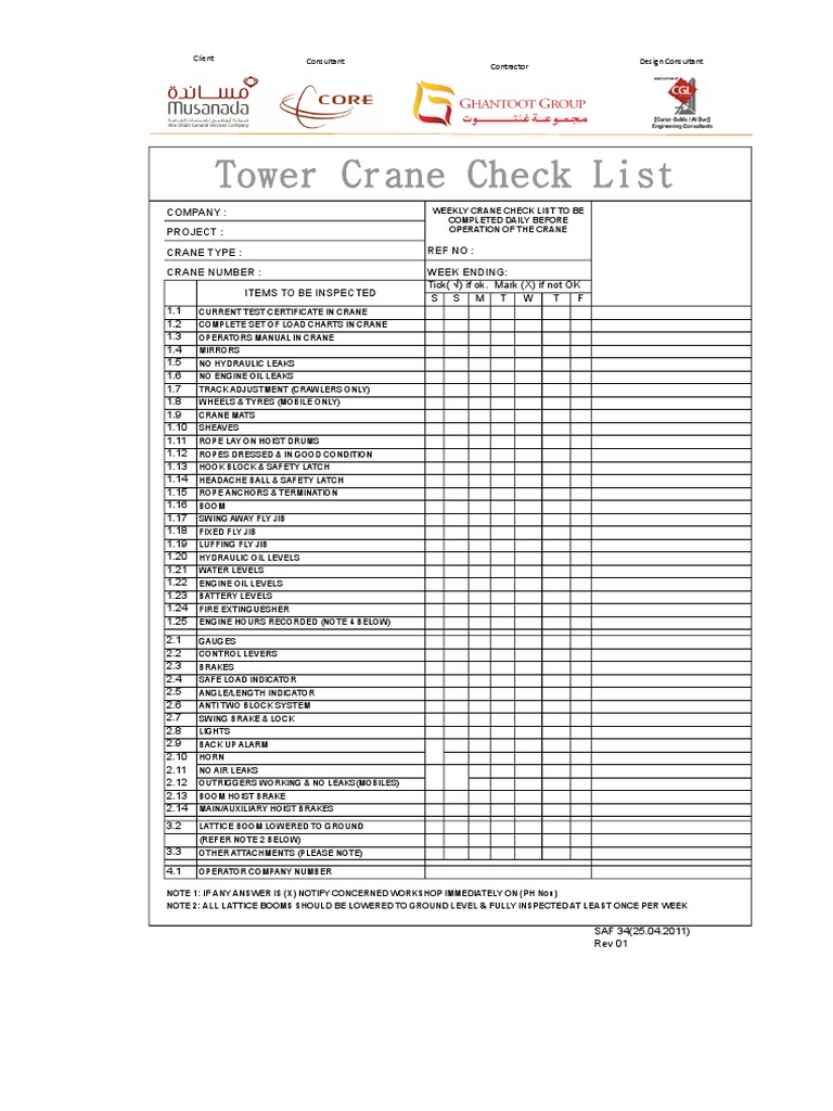 SAF 034 Crane Check List | Download Free PDF | Crane (Machine) | Machines