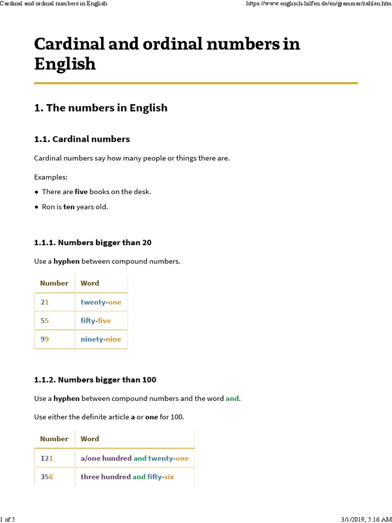 Cardinal and Ordinal Numbers in English | PDF | Celsius | Fraction ...