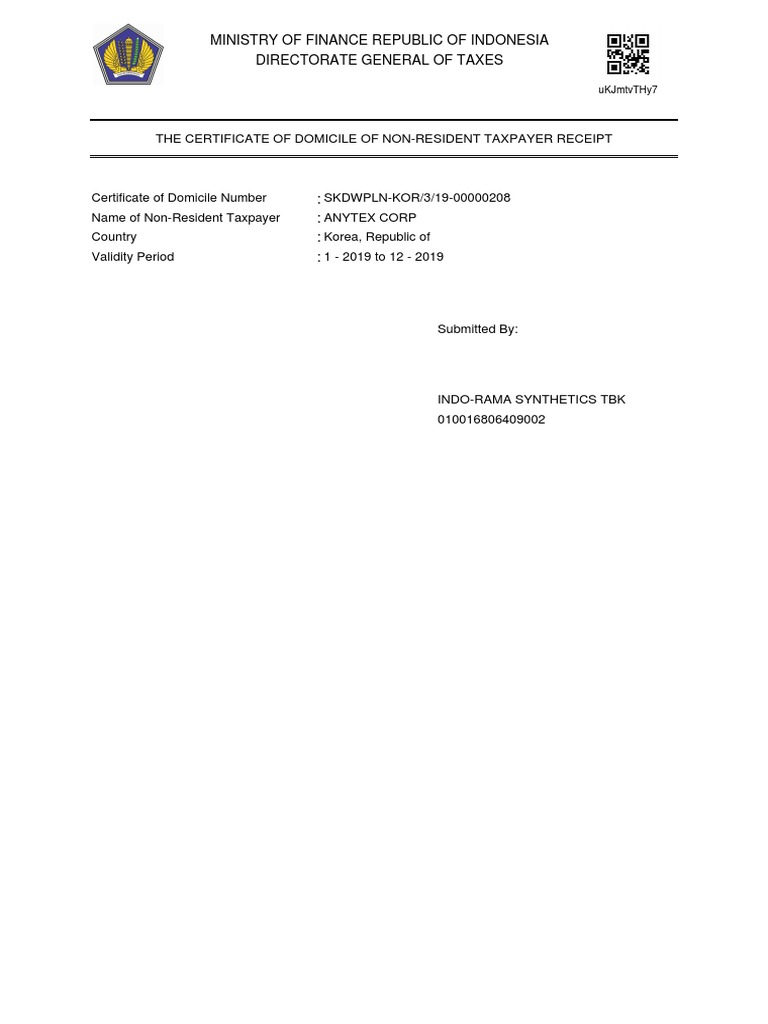 The Certificate of Domicile of Non-Resident Taxpayer Receipt | PDF