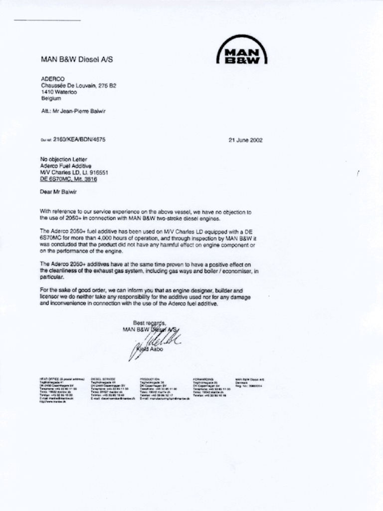 010 NOL MAN B&W Aderco 2050 Fuel Additive | PDF
