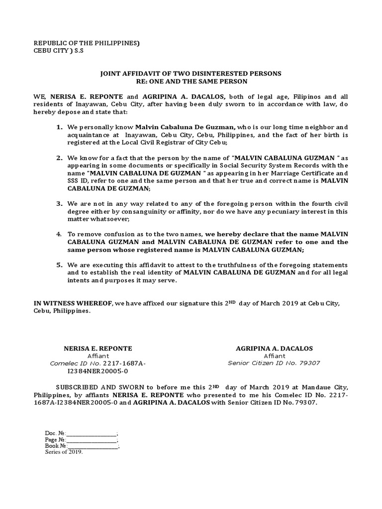 Affidavit: Identity Confirmation of Malvin Guzman | PDF | Politics ...