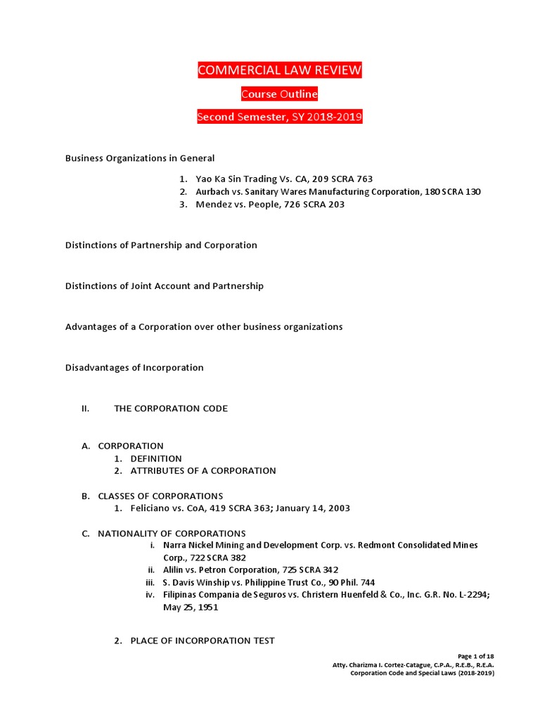 Commercial Law Course Outline | PDF | Stocks | Corporations