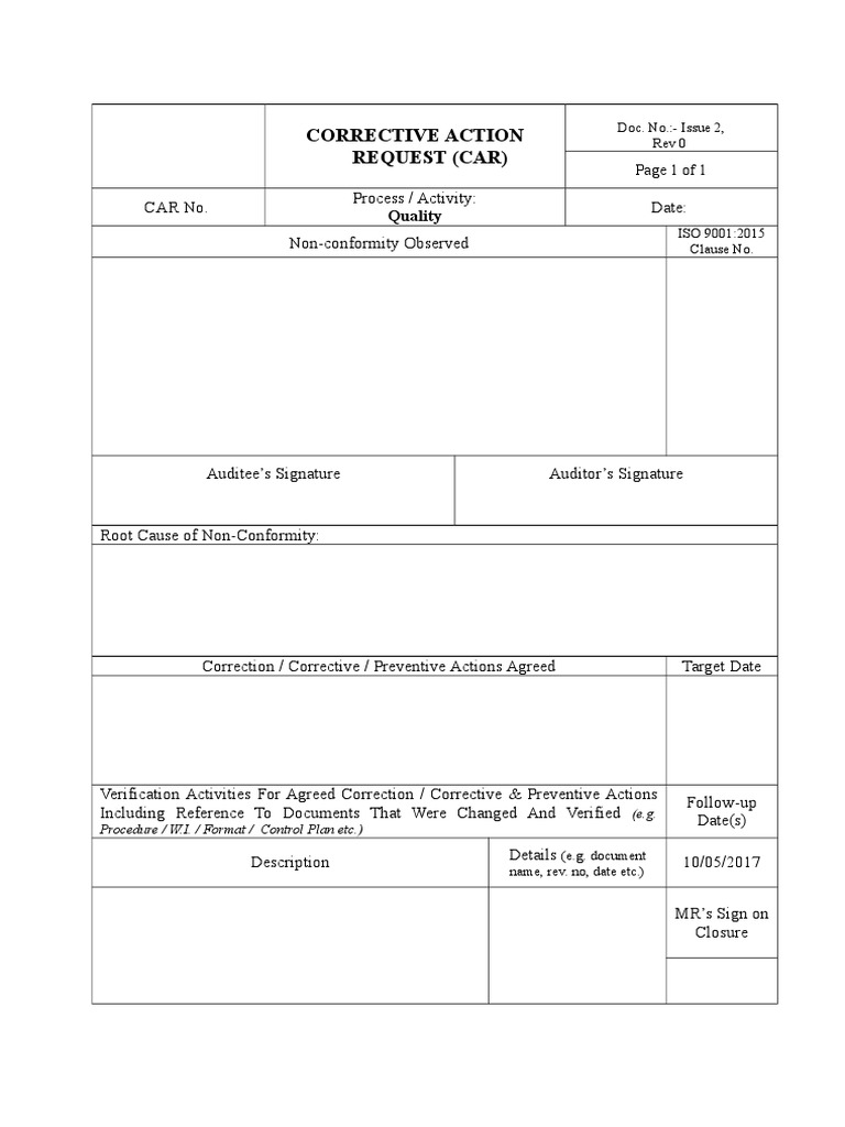 Corrective Action Request (Car) : Quality | PDF