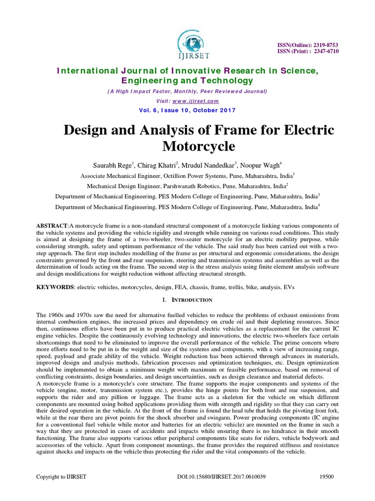 Design and Analysis of Frame For Electric Motorcycle | PDF | Finite ...