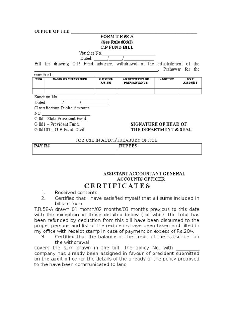 GP Fund Bill Application Form T-R 58-A | PDF | Law