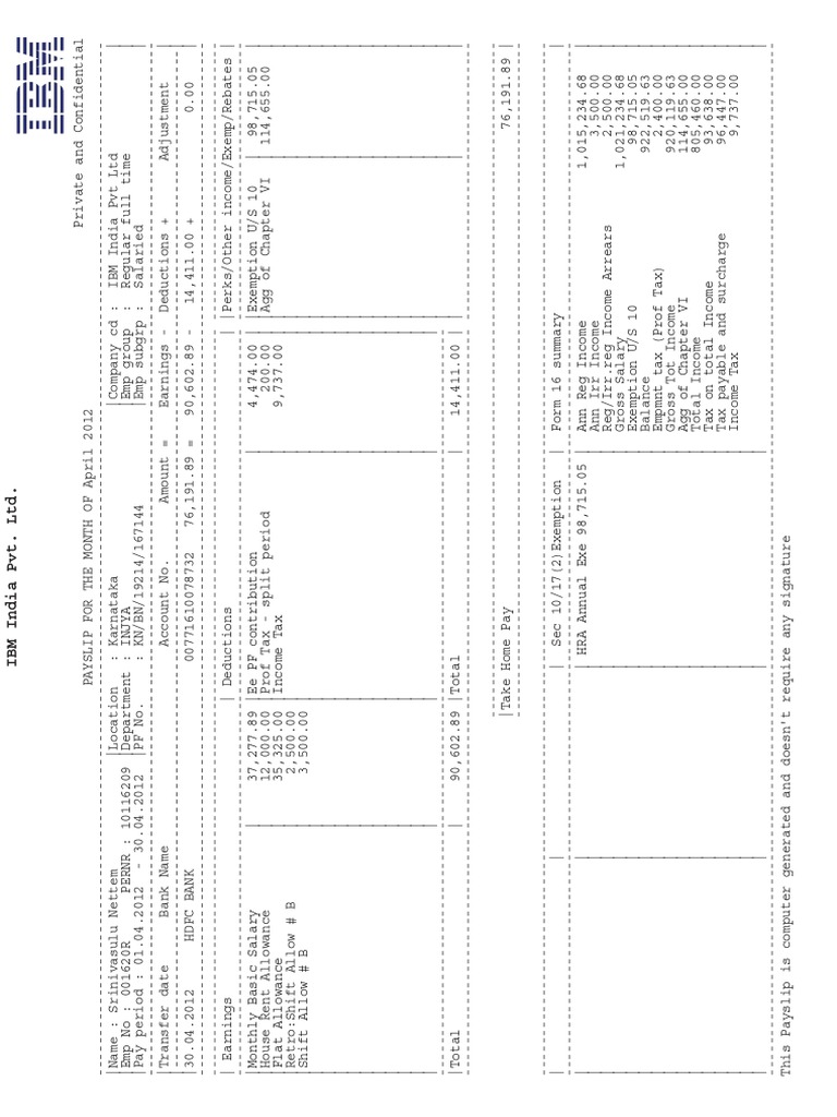 IBM India Payslip Summary April 2012 | PDF | Tax Refund | Public Finance