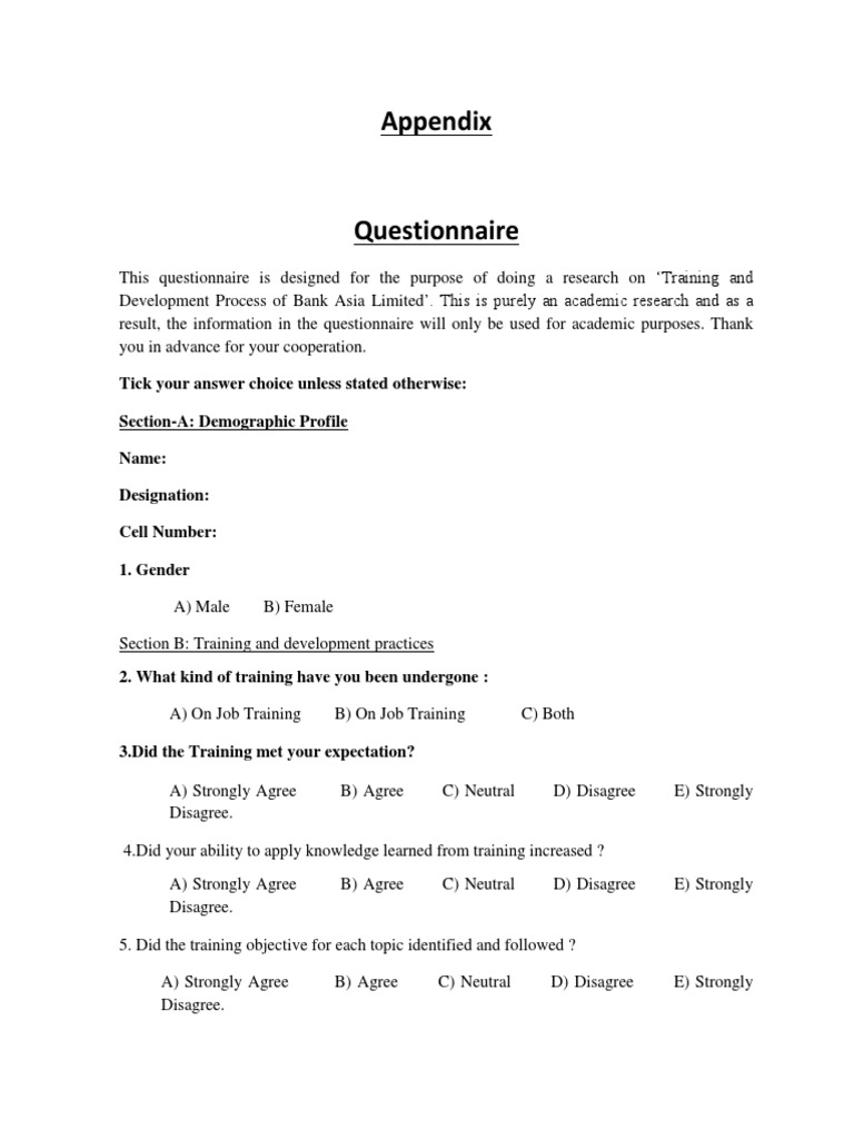 Appendix | PDF | Questionnaire | Cognitive Science